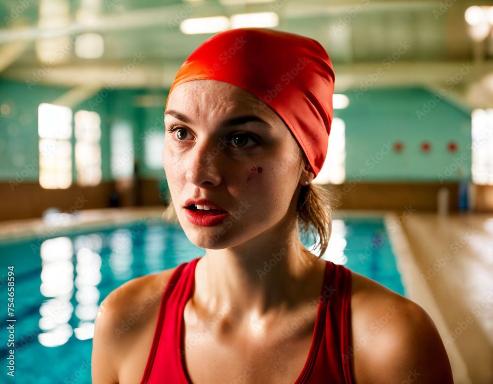 photo of beautiful angry woman as a swimmer with wound and small blood ...