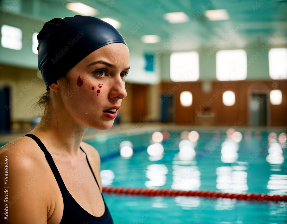 photo of beautiful angry woman as a swimmer with wound and small blood ...