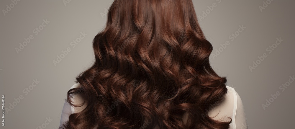 The back of a womans head is showcased, featuring long, wavy brown ...