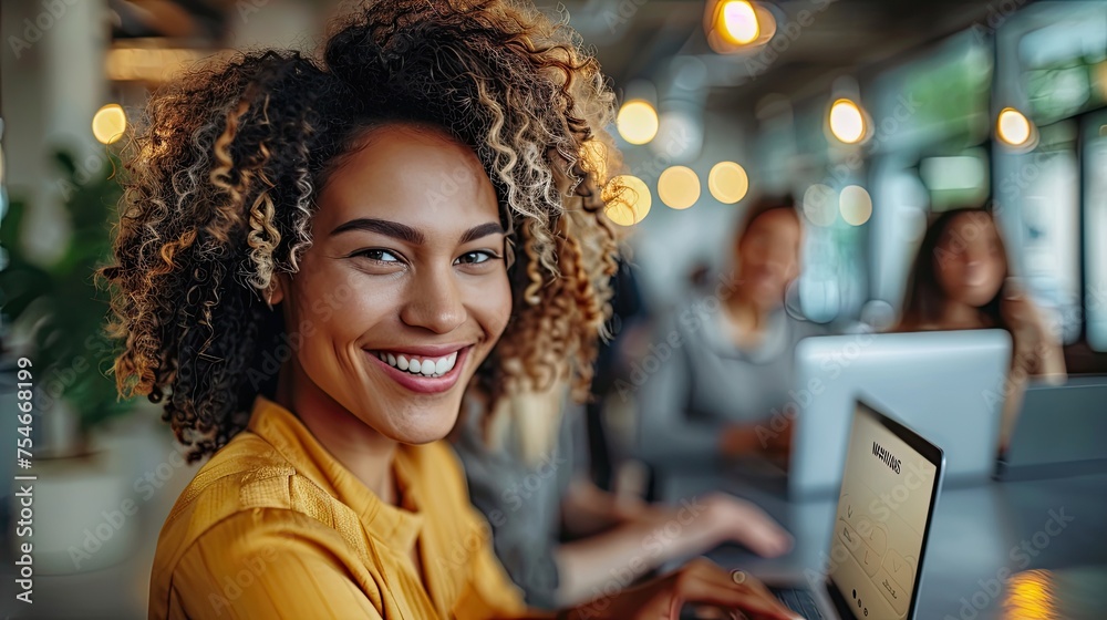 happy multiethnic business women working together online on a laptop in corporate office Stock ...