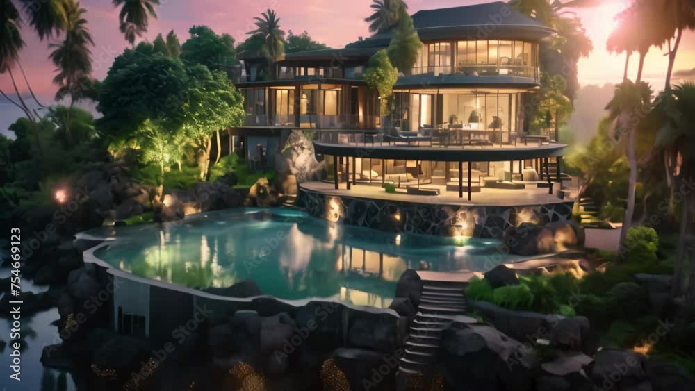 3D rendering of luxury villa on the beach at sunset, Island in the ...