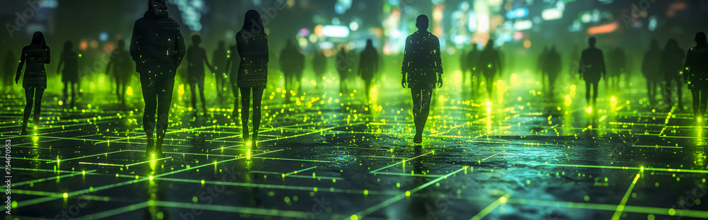 Digital Footprint of Society: People Walking on a Glowing Circuit Grid ...