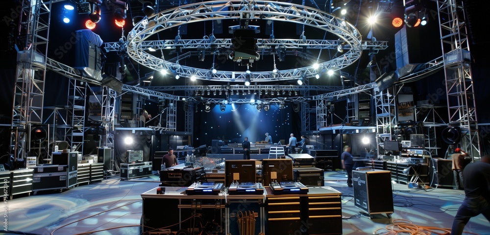A dynamic scene capturing the setup of a live stage production in a ...