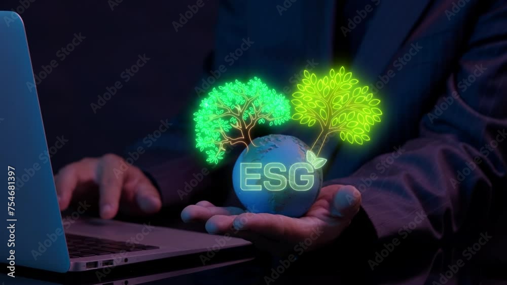 Businessman shows earth global with ESG icon and virtual tree. Net zero ...