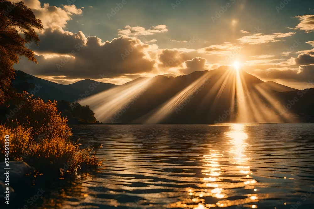 Amber sunlight beams through the clouds in the sky, creating a ...