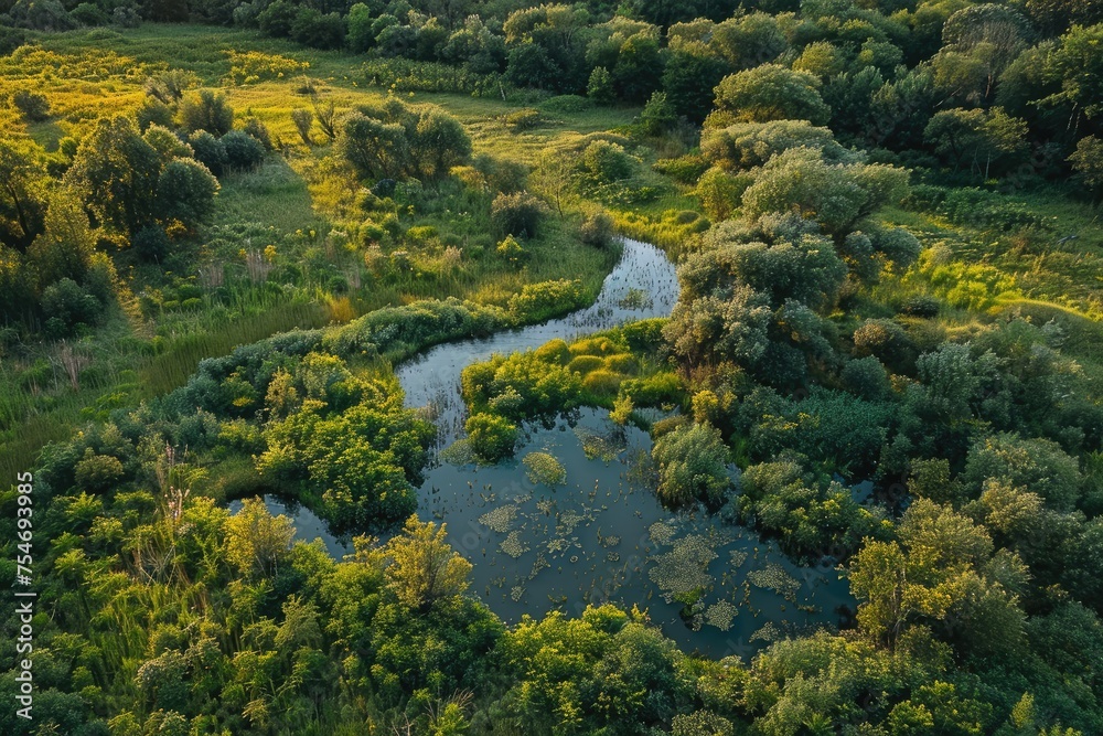 An aerial view of a rewilding area with flourishing native plants and ...