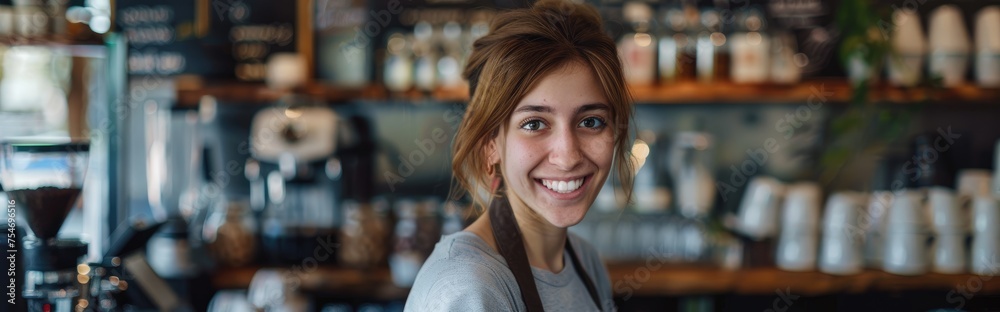 Beautiful female barista and smiles while working behind the bar ...