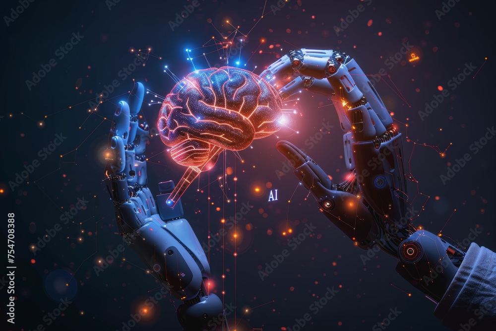 A robot hand and a human hand hold a ball with a brain inside, and "AI ...