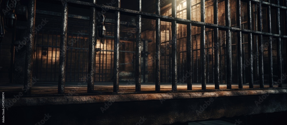 Foto Stock A close-up shot of a jail cell with strong steel bars ...