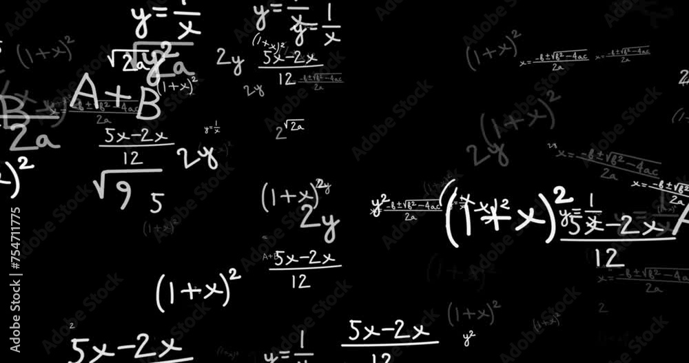 Camera flies through math formulas on background. Math calculations functions equations. Matrix ...