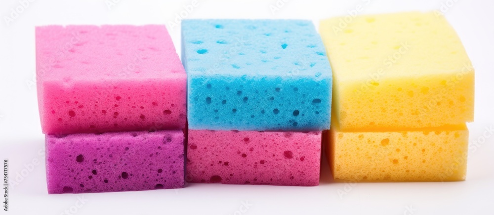 A stack of four different colored sponges, commonly used for washing ...