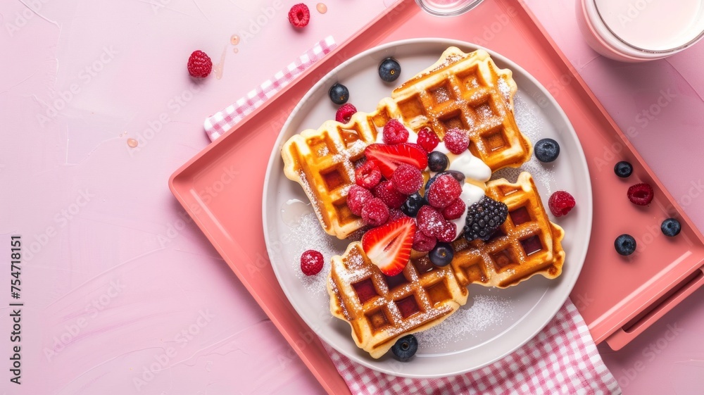 A modern breakfast presentation with golden waffles topped with lots of ...