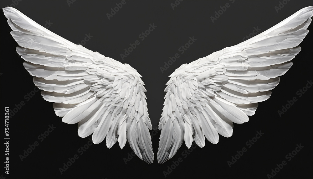 Isolated white angel wing black background realistic art in high ...