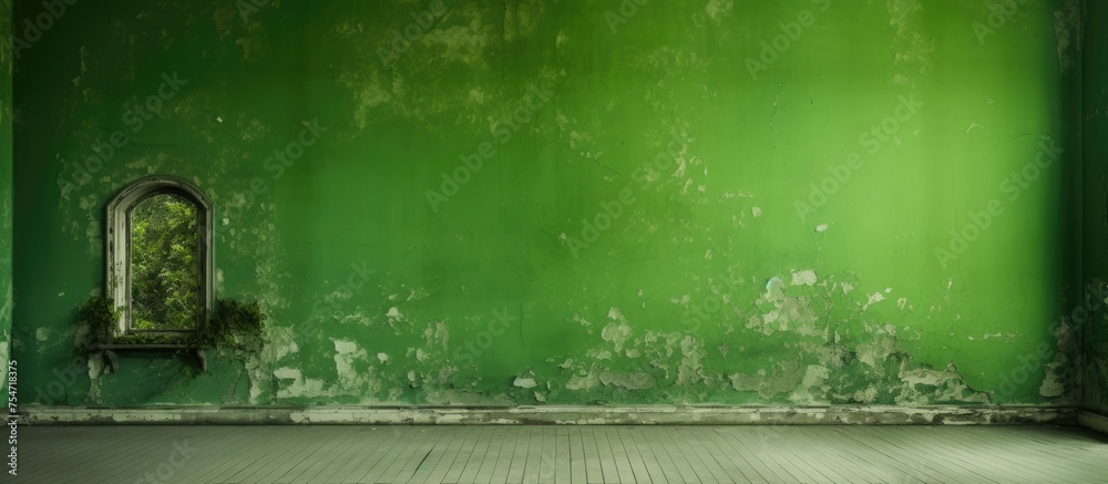 An empty room with a vibrant green wall and a single window, showcasing ...