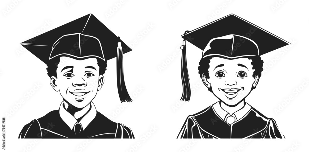 Graduating student vector illustration. Portrait of young african boy ...