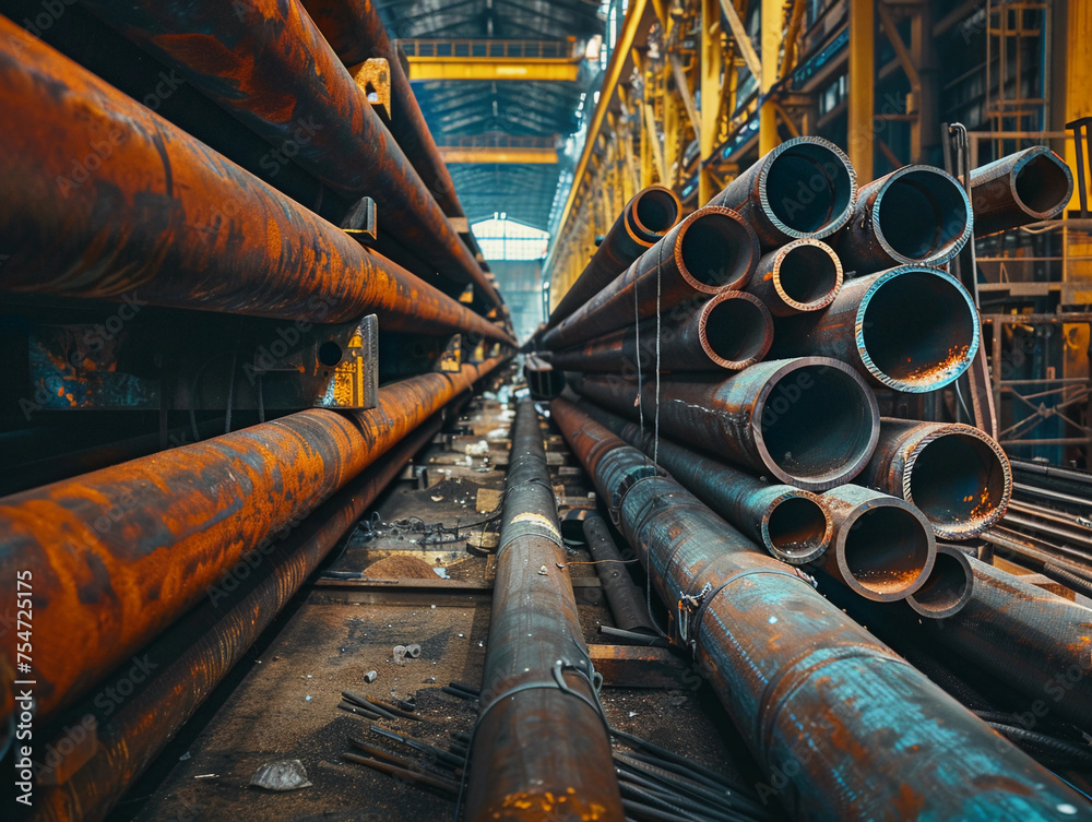 Stack of steel pipes in a metallurgical plant, factory or workshop ...