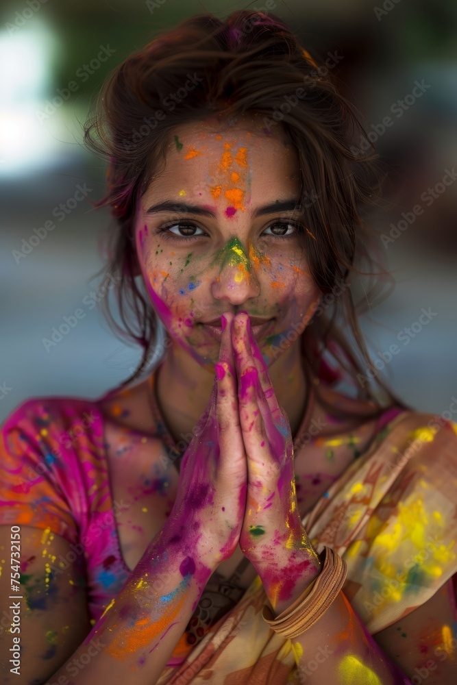 Beautiful Woman, colored face at holi festival in india, bharat ...