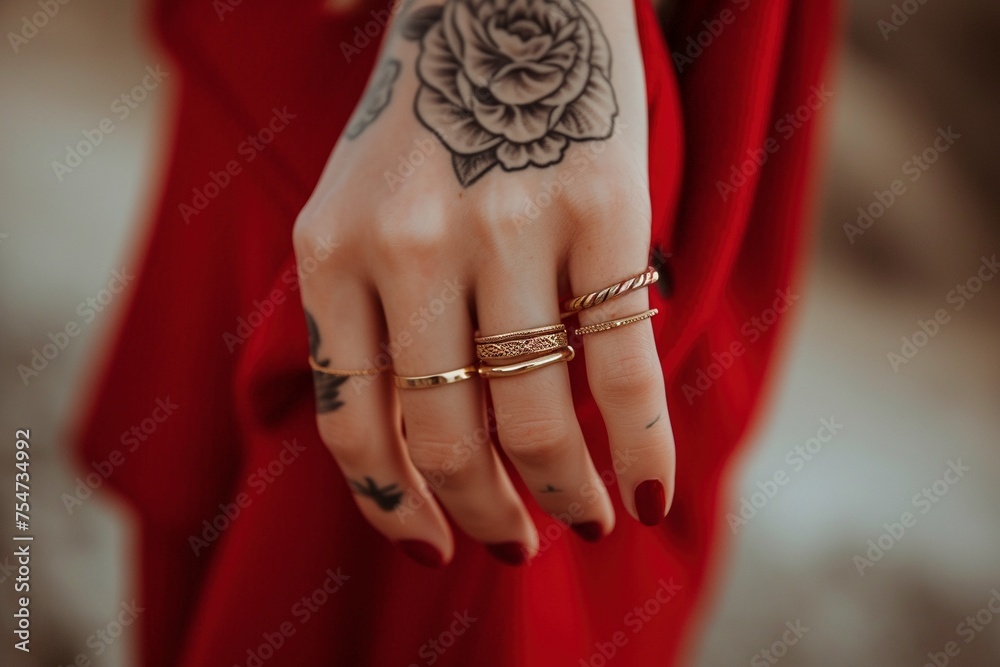 Die Hand einer Frau in Nahaufnahme mit roten Fingernägeln, Tattoos und ...