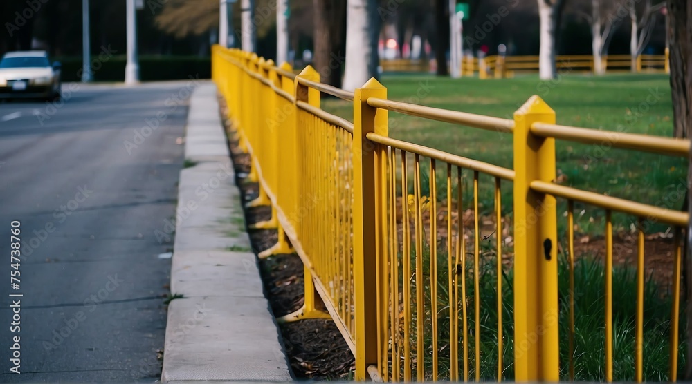 yellow metal fence railings on side of park from Generative AI Stock ...