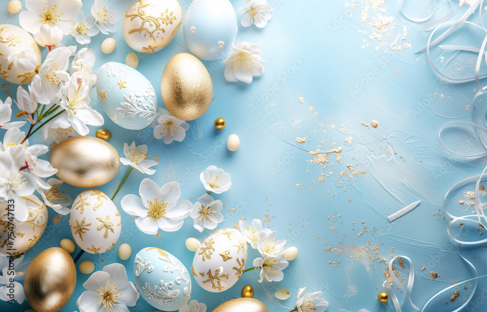 Easter Golden Eggs and Spring Flowers Cover Background Banner Print for ...