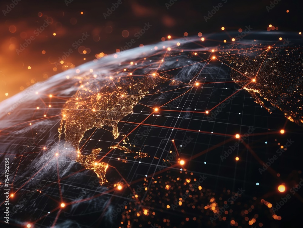 A digital representation of global connections with illuminated nodes and lines on Earth. Stock ...
