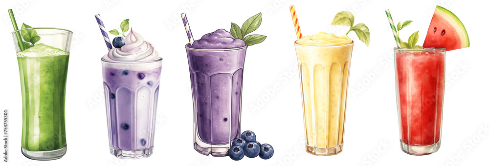 set of five fruit smoothie clipart watercolor illustration on ...
