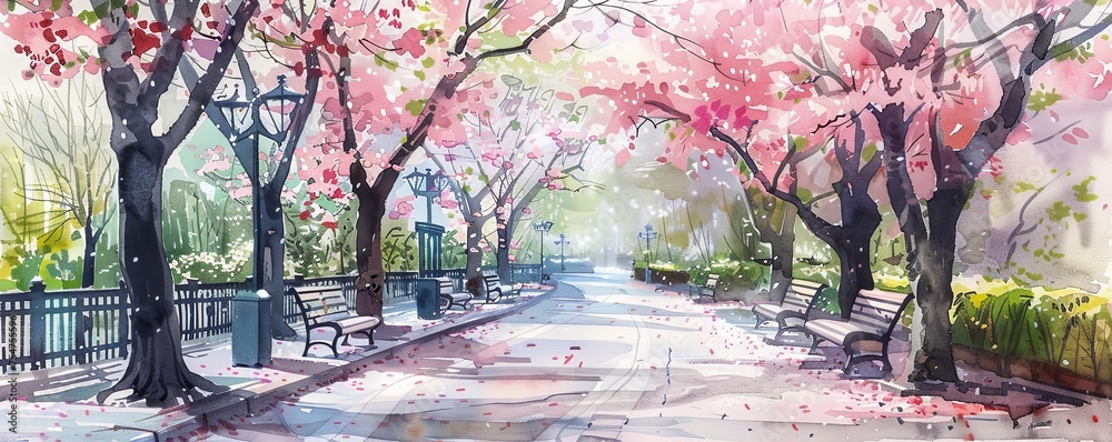 Spring Blossoms Along Park Pathway Watercolor A watercolor painting ...