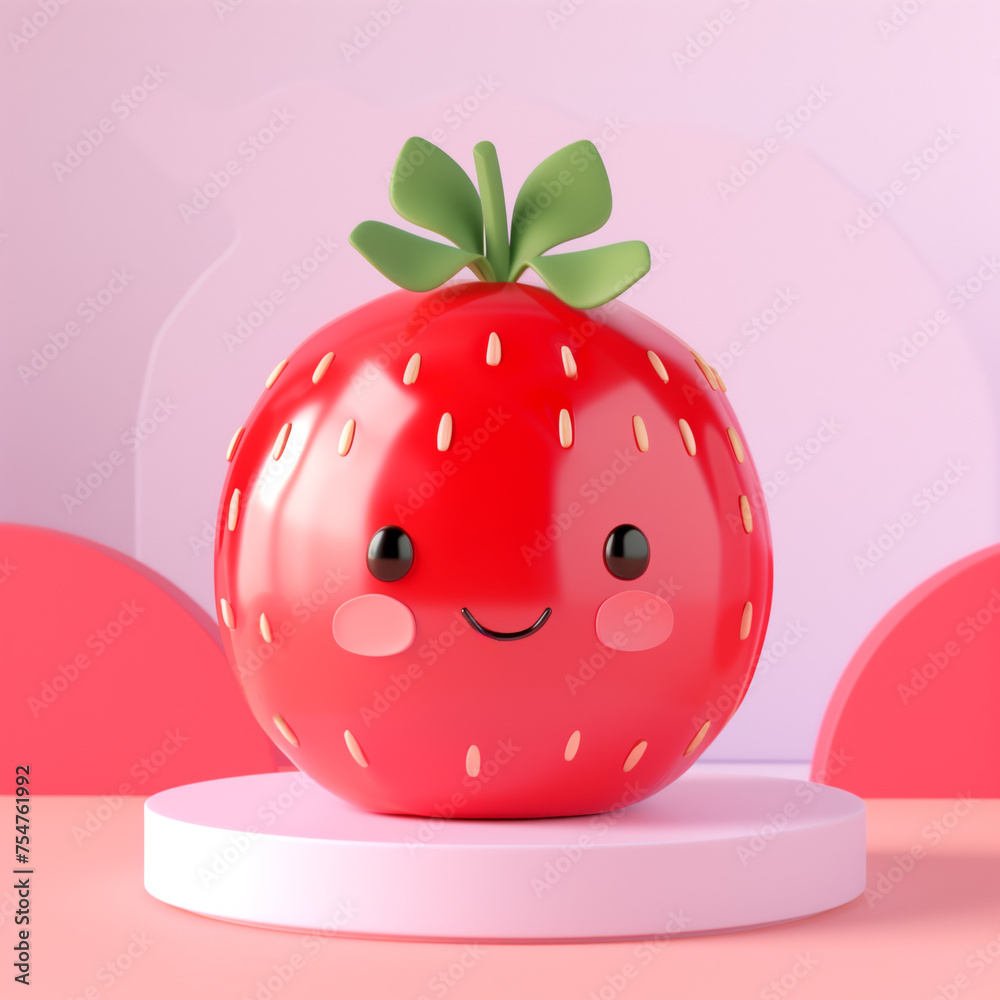 Cute animated strawberry character on a platform with a smiling face ...