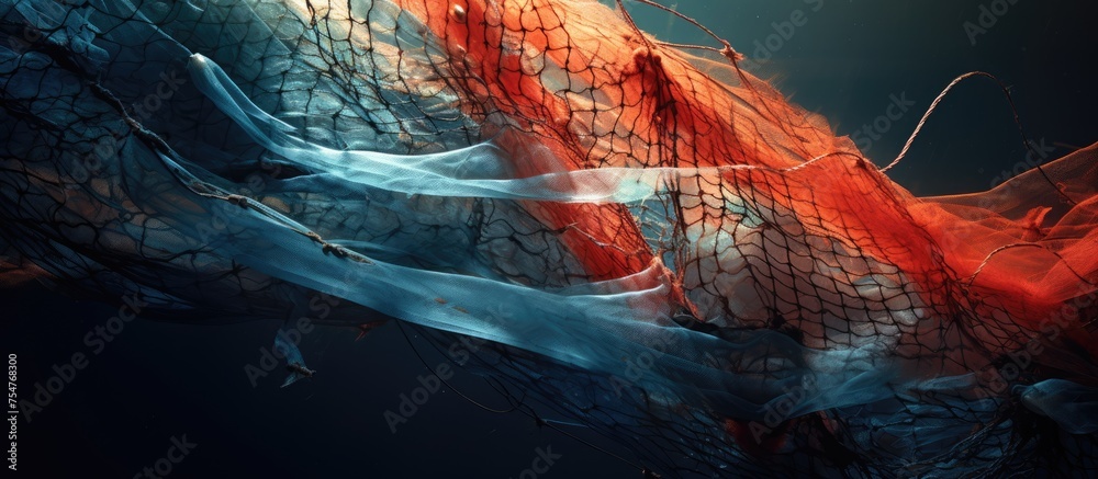 This close up shot showcases a vibrant red fishing net against a stark ...