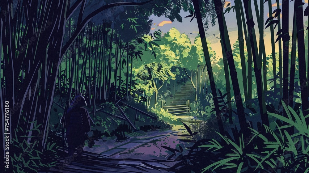 Digital painting of The samurai trains in the bamboo groves of the ...