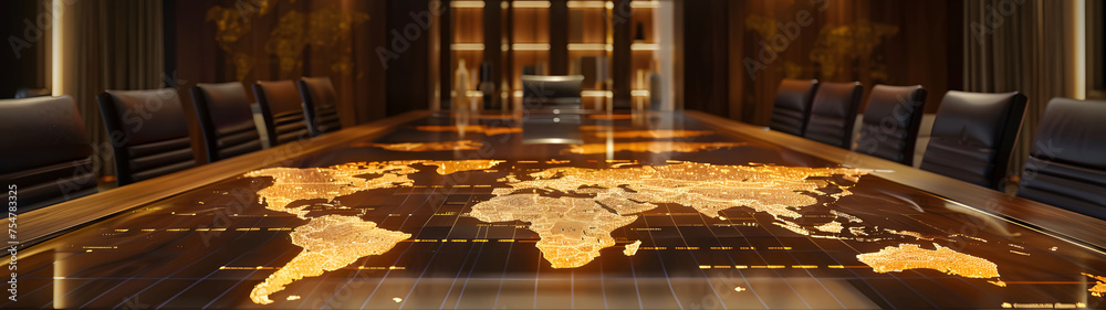 On the boardroom table, a vivid world map highlights the company's ...