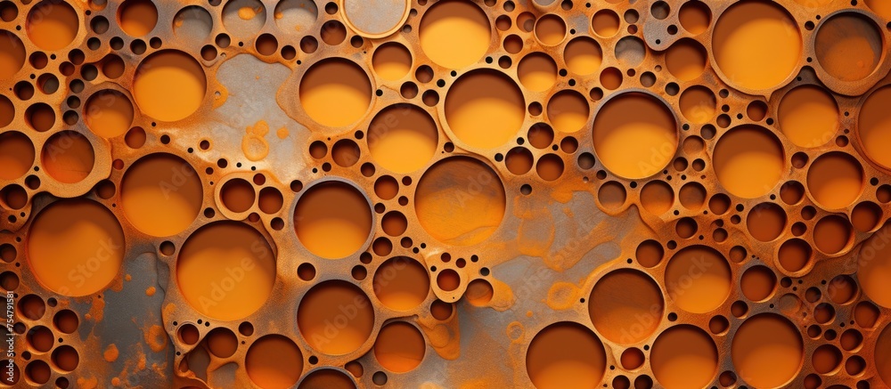 This close-up shot features a metal surface with numerous round holes ...