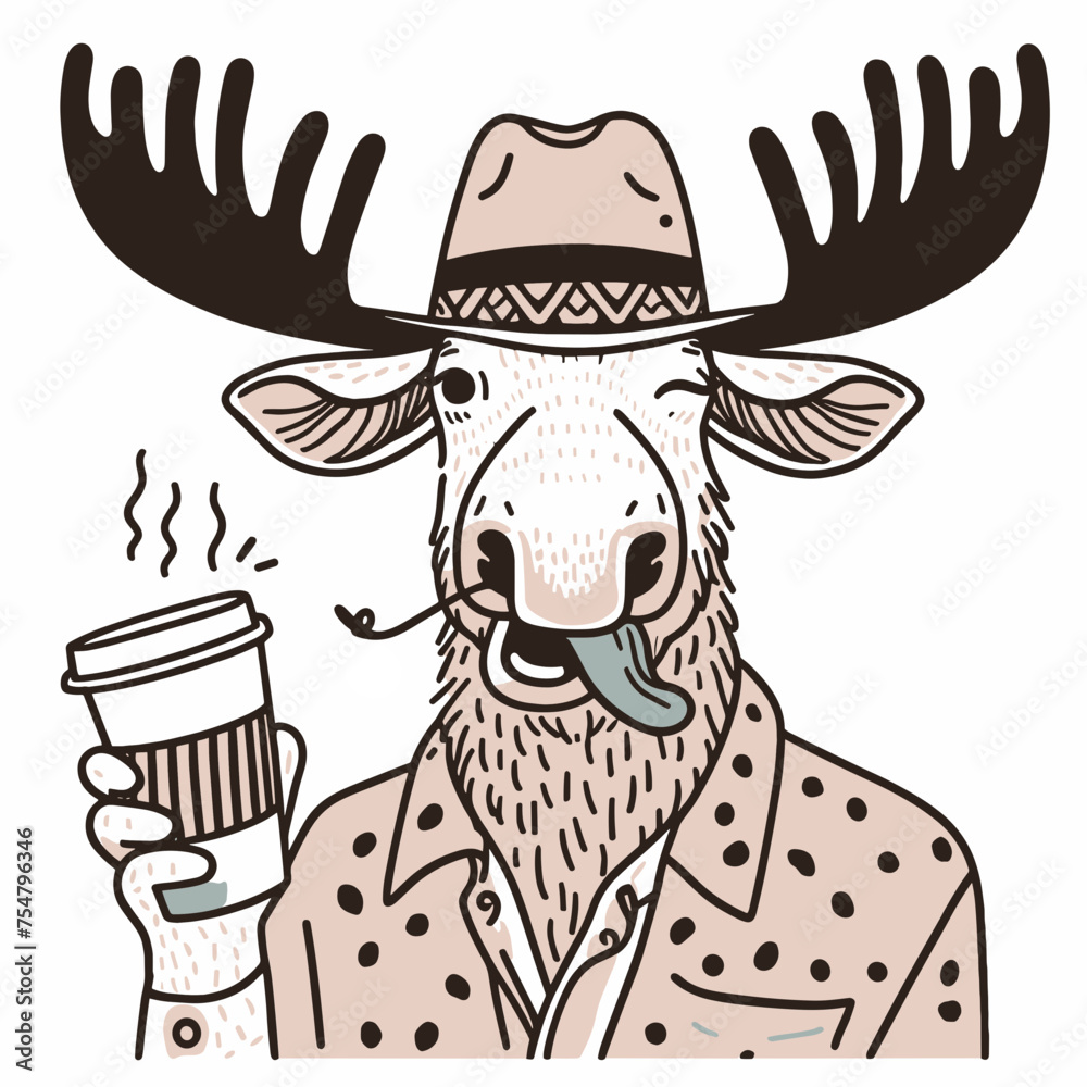 Moose wear cowboy hat and leopard print scarf, Drinking Coffee, Funny ...