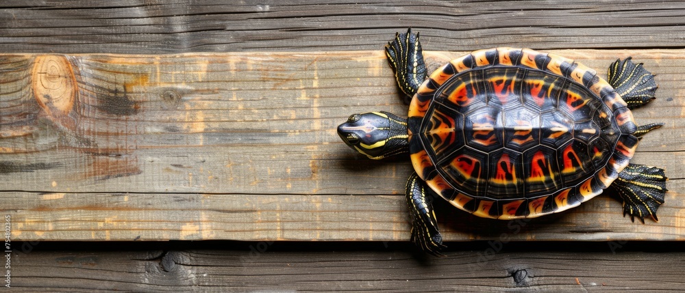 a painted turtle sitting on top of a piece of wood on the side of a ...