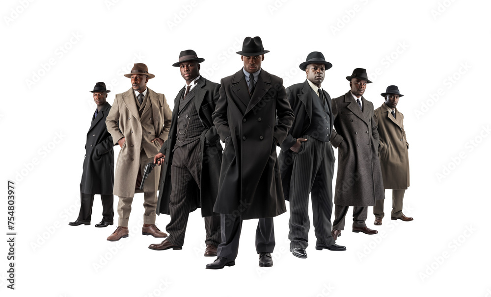 Group of African American gangsters. Handsome tough black men wearing trench coats, fedoras and ...