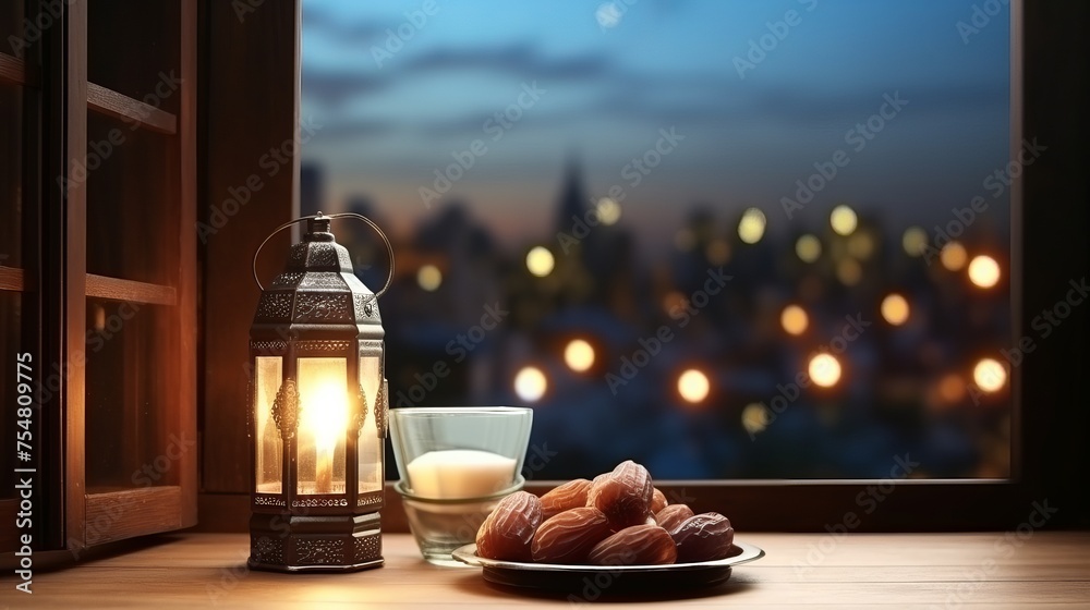 Ramadan concept. Dates close-up in the foreground. Ramadan Lanterns and ...