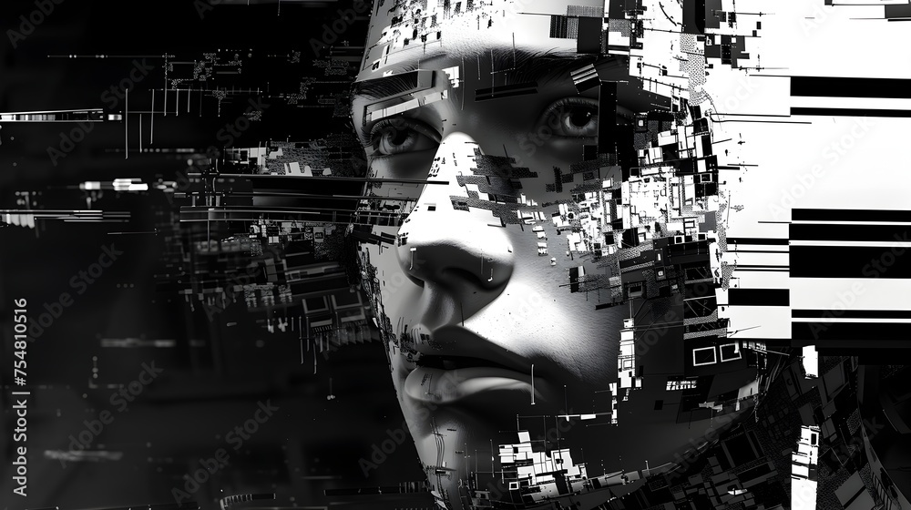 Fragmented digital human face in black and white, concept of identity ...
