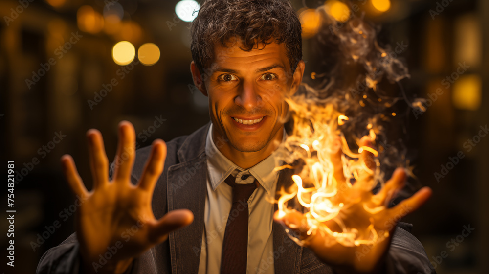 Magician performing a fire trick at night, with flames on his hands ...