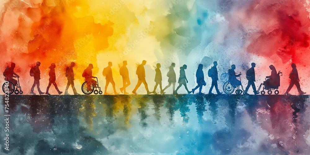 Colorful art watercolor painting depicts a diverse group of ...