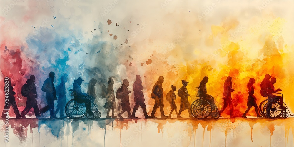 Colorful art watercolor painting depicts a diverse group of ...