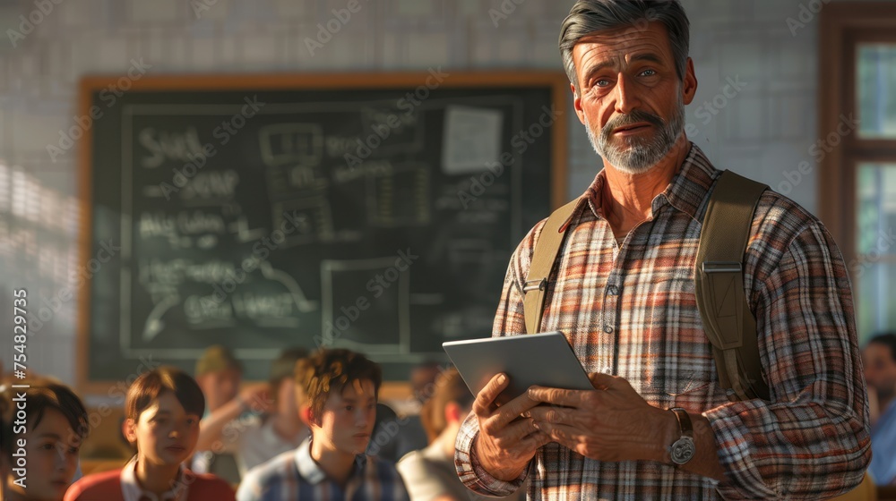 Handsome man teachers smiles happily standing in front of the ...