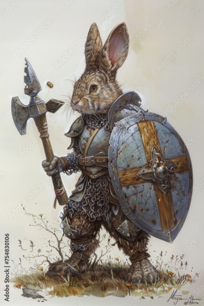 Anthropomorphic rabbit in chain armor wielding warhammer and shield ...