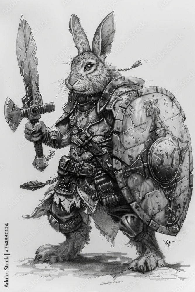 Anthropomorphic rabbit in chain armor wielding warhammer and shield ...