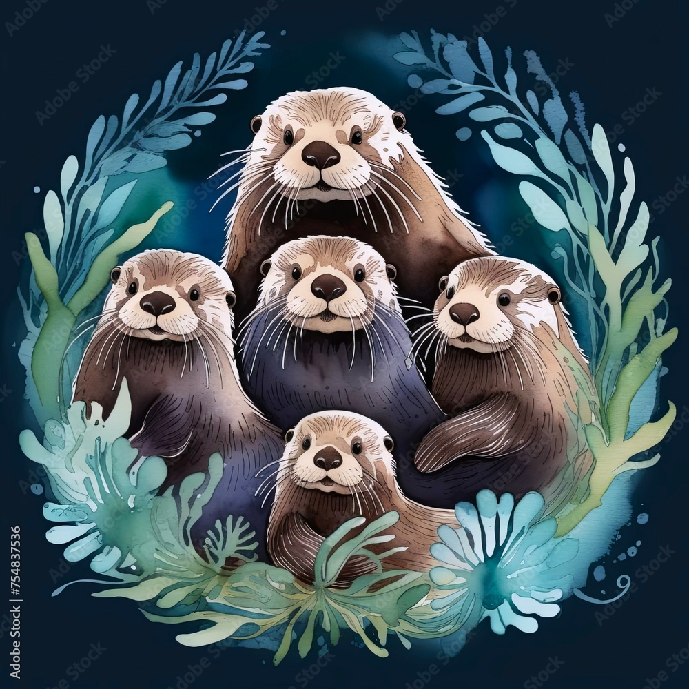 five otters grouped closely together surrounded by sea weeds wreath ...