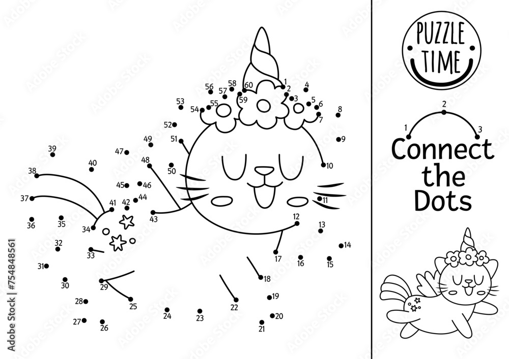 Vector dot-to-dot and color activity with unicorn cat. Fairytale ...