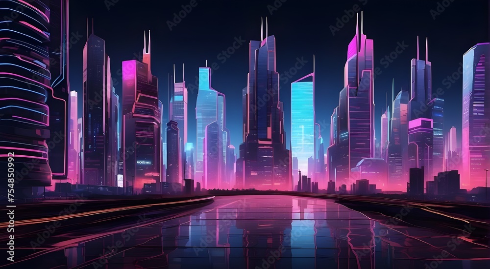 nighttime city skyline, a futuristic, cyberpunk-inspired cityscape ...