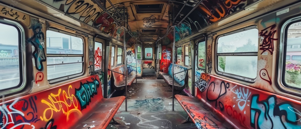 graffiti on the interior of a bus car train interior in graffiti ...