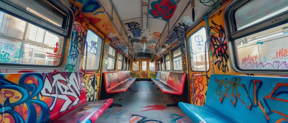 graffiti on the interior of a bus car train interior in graffiti ...