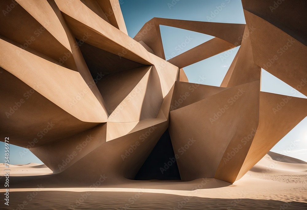 angular structure in the desert, surrounded by sand. The structure is ...
