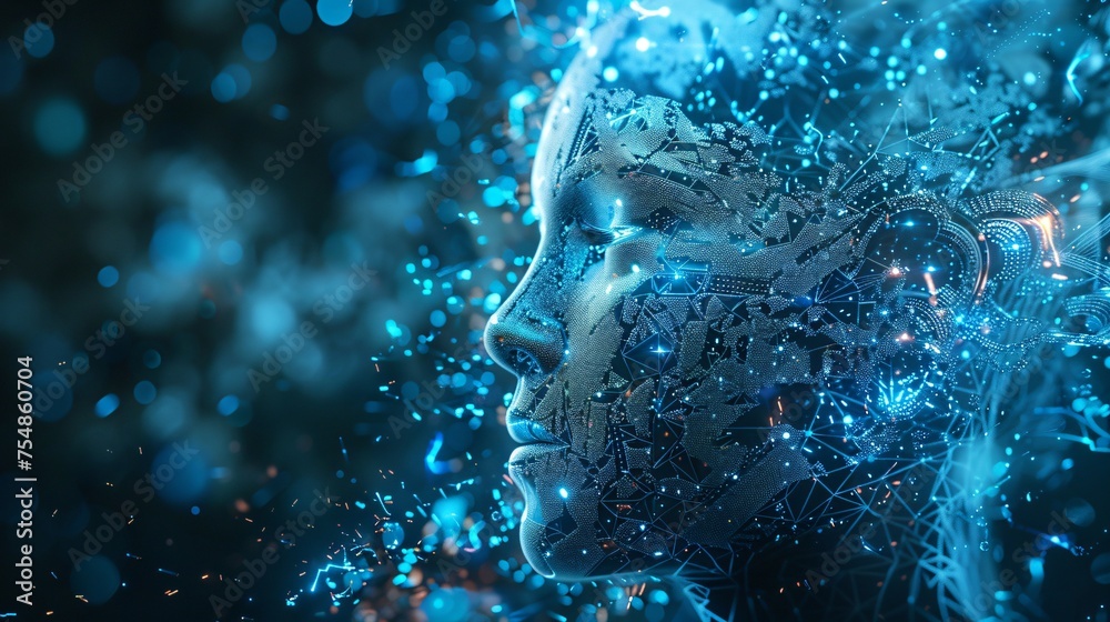 3D digital art piece depicting an AI entity with blue light emanating ...